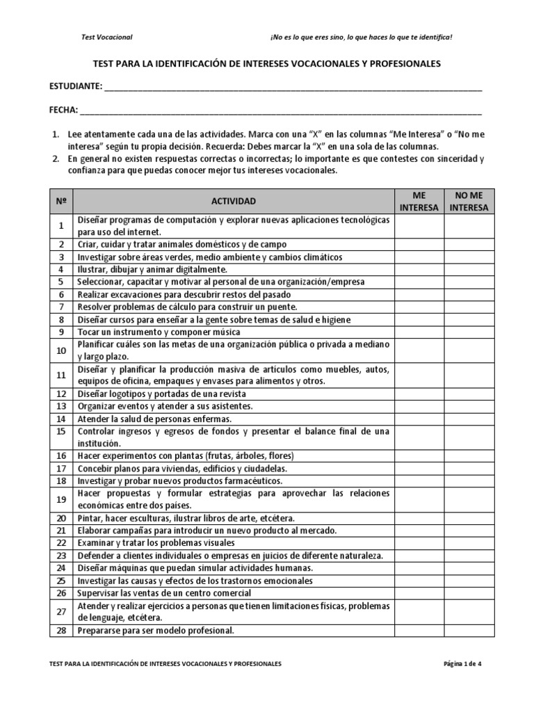 Test para La Identificacion de Intereses Vocacionales y Profesionales ...