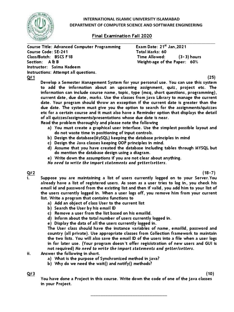 Advanced Computer Programming-QuestionPaper | PDF | Class (Computer ... Advanced Computer Programming-QuestionPaper | PDF | Class (Computer ...