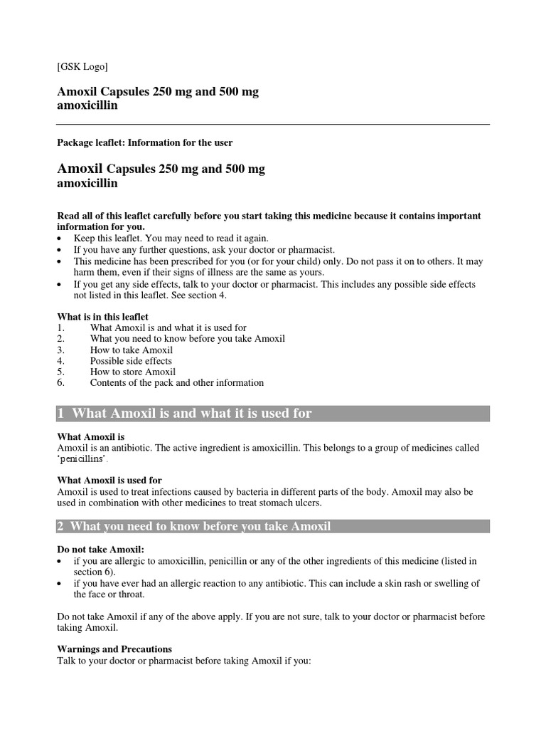 Amoxil: Amoxil Capsules 250 MG and 500 MG Amoxicillin | PDF | Dose ...