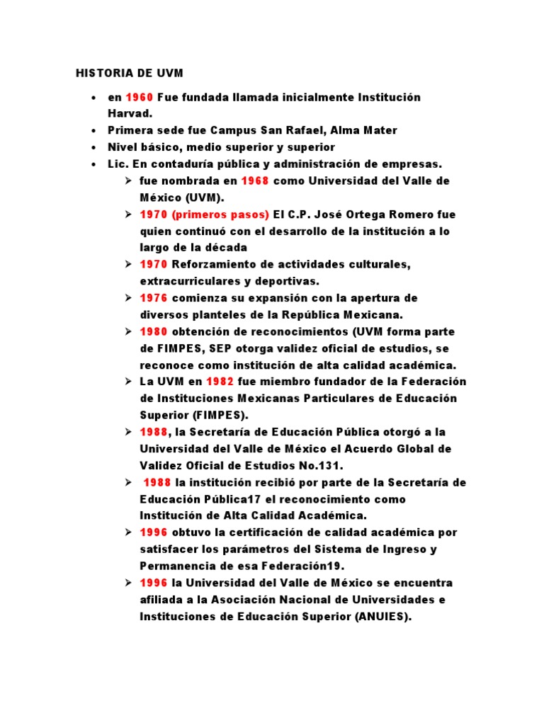 Historia de Uvm | Descargar gratis PDF | Educación avanzada