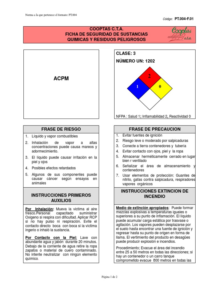 Ficha Tecnica Acpm | PDF | Agua | Química