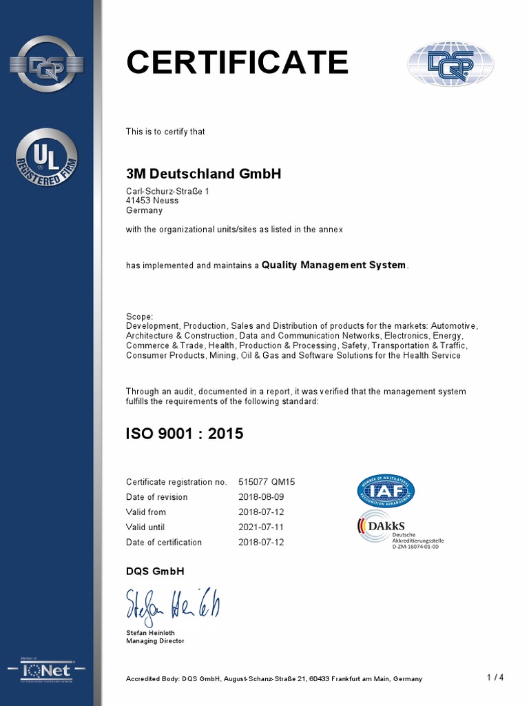 Zertifikat ISO 9001 3M Deutschland GMBH Inkl. 3M Technical Ceramics ...