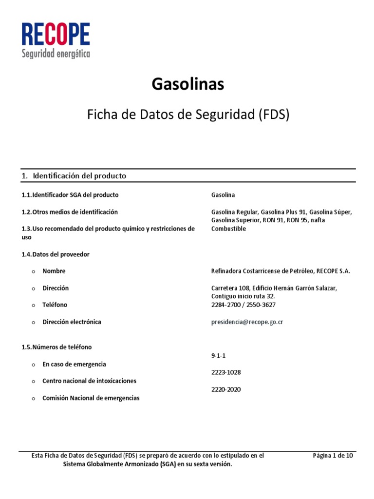 FDS Gasolina SGA | PDF | Residuos | Gasolina