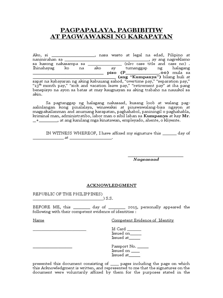 Tagalog Release Waiver & Quitclaim | PDF