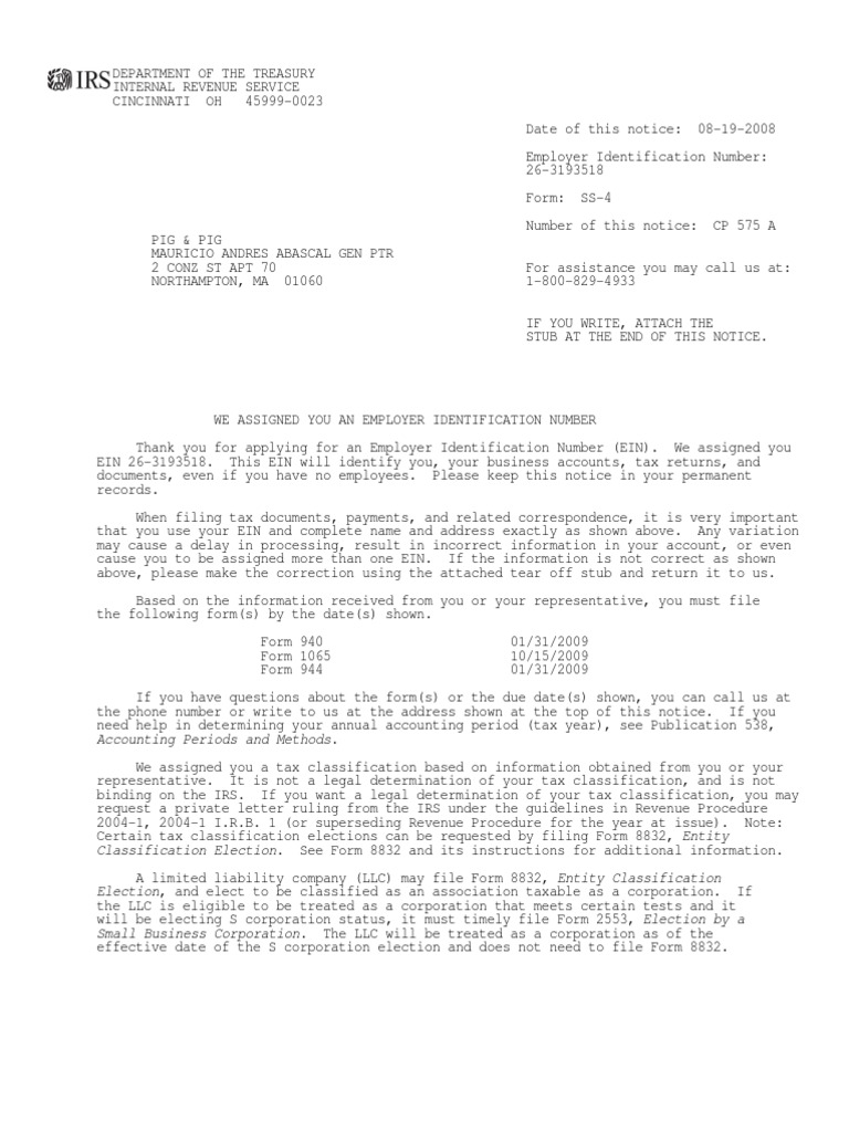 IRS EIN Assignment Notice | PDF | Irs Tax Forms | S Corporation