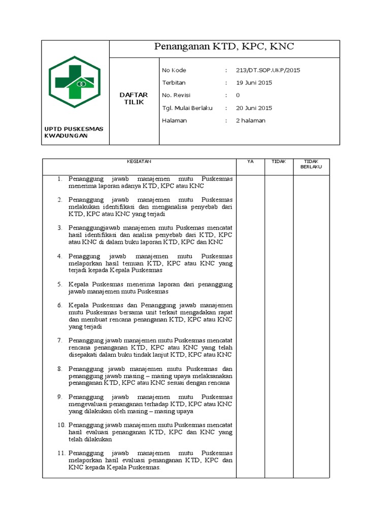 Daftar Tilik SOP Penanganan KTD, KPC, KNC | PDF