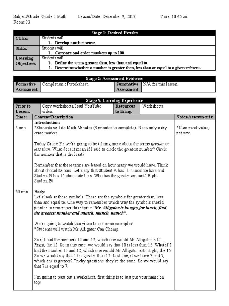 Greater and Less Than Lesson Plan | PDF | Lesson Plan | Education Theory