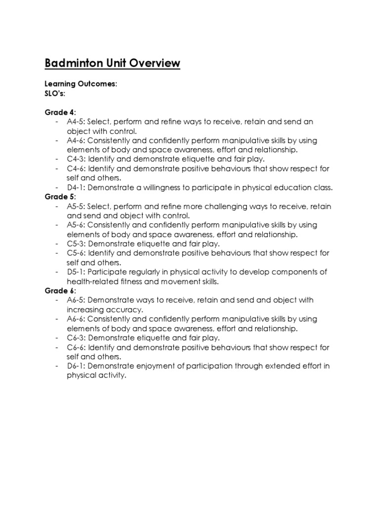 Badminton Unit Final | PDF | Physical Education | Etiquette
