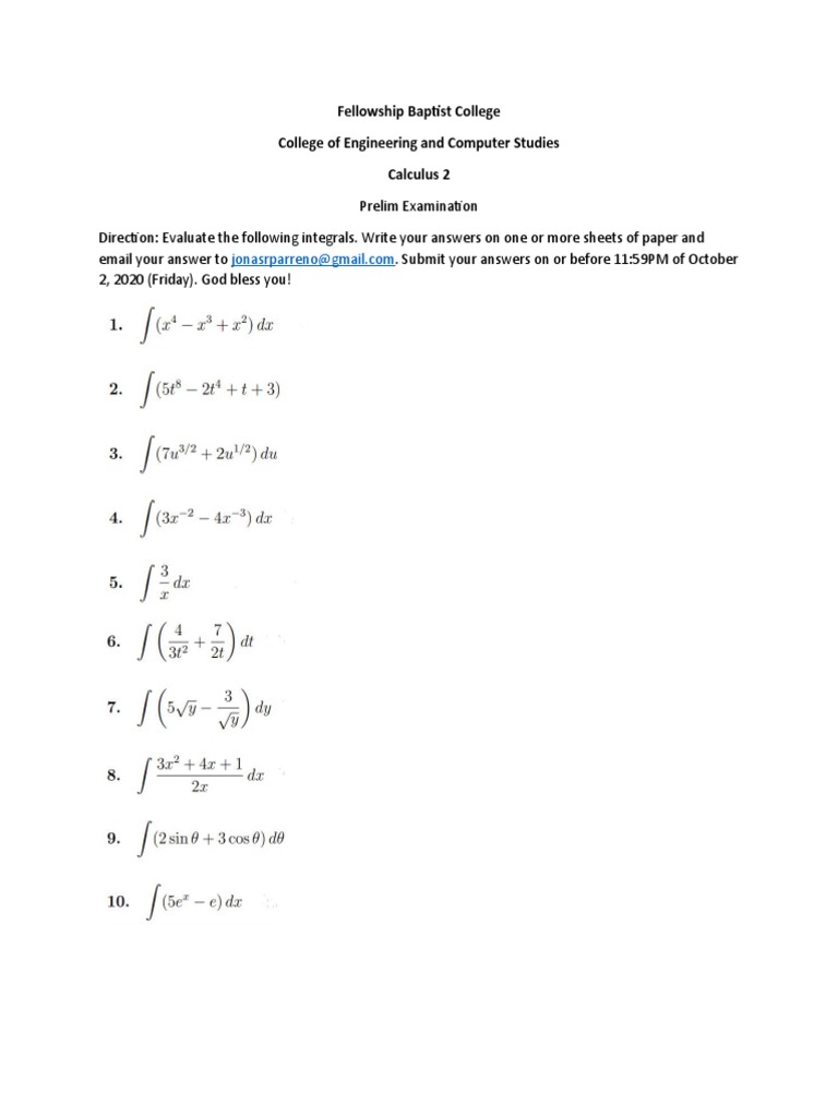 Calculus 2 Prelim Exam | PDF