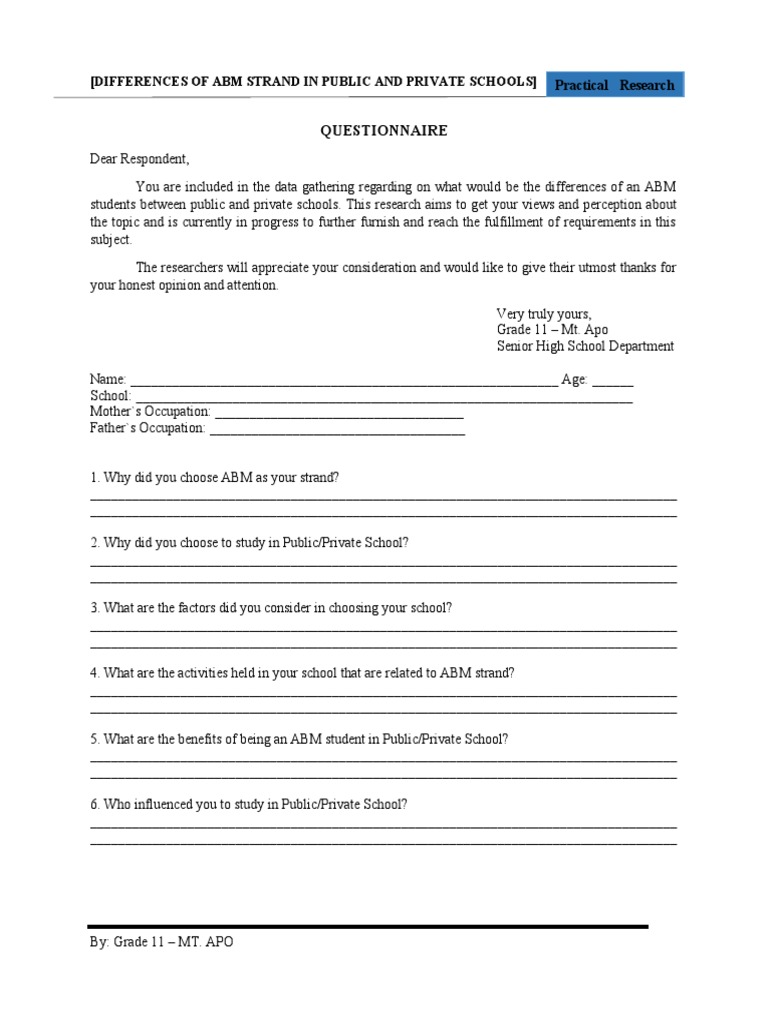 Questionnaire: (Differences of Abm Strand in Public and Private Schools ...