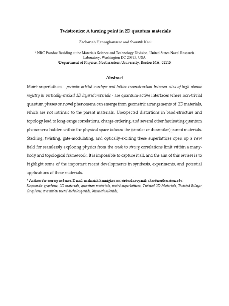 Twistronics: A Turning Point in 2D Quantum Materials | PDF | Graphene ...