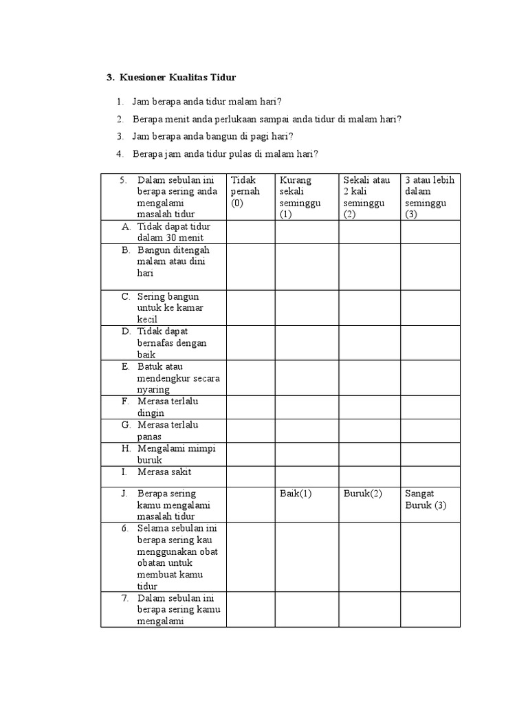 Kuesioner Kualitas Tidur | PDF | Pengembangan Diri