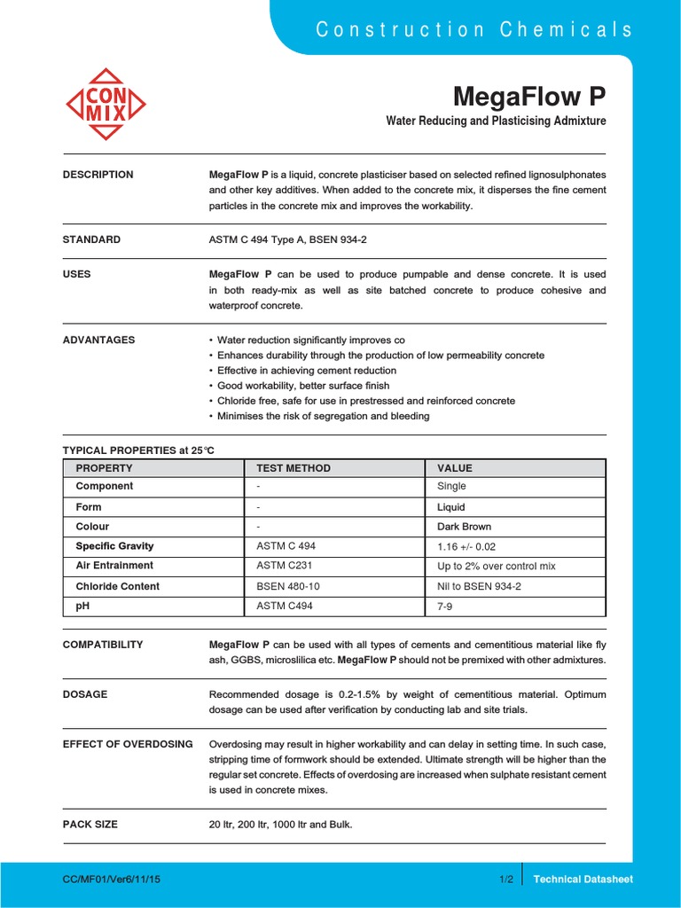 Megaflow P: Water Reducing and Plasticising Admixture | PDF | Chemistry ...