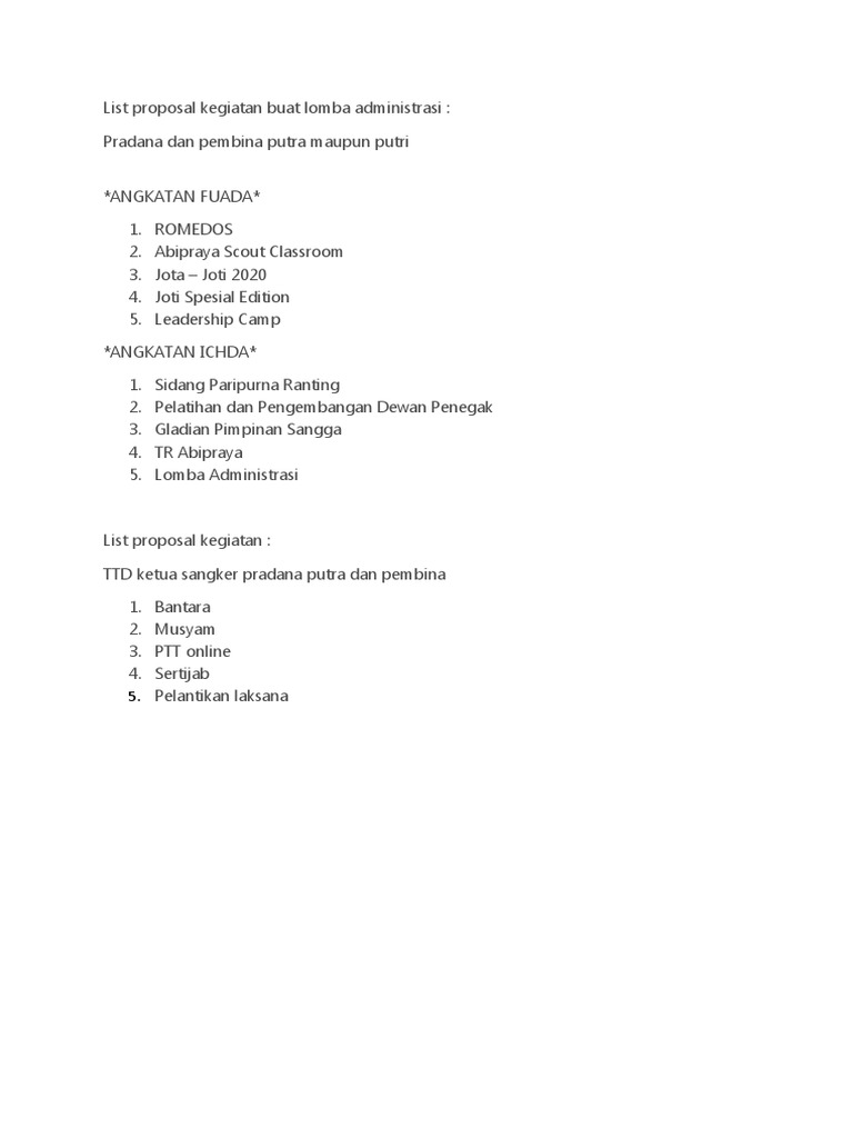 List Proposal Kegiatan Buat Lomba Administrasi | PDF