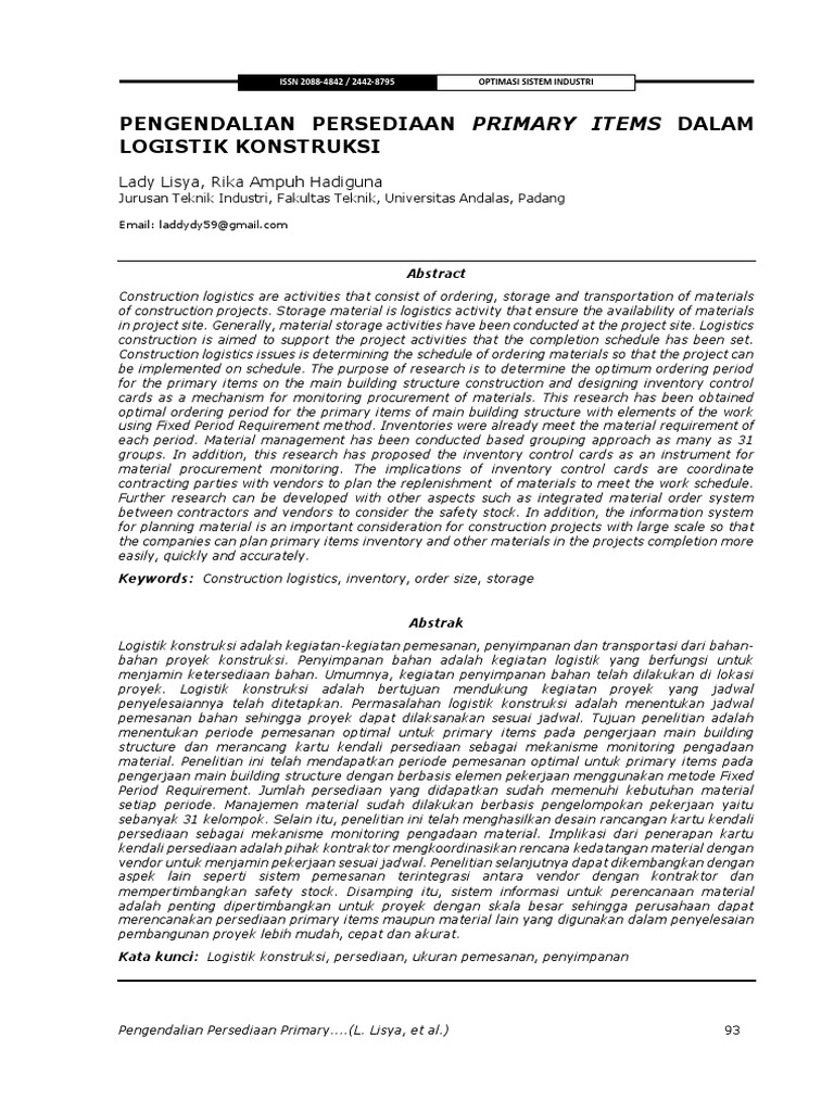 Pengendalian Persediaan Primary Items Dalam Logistik Konstruksi | PDF | Logistics | Inventory