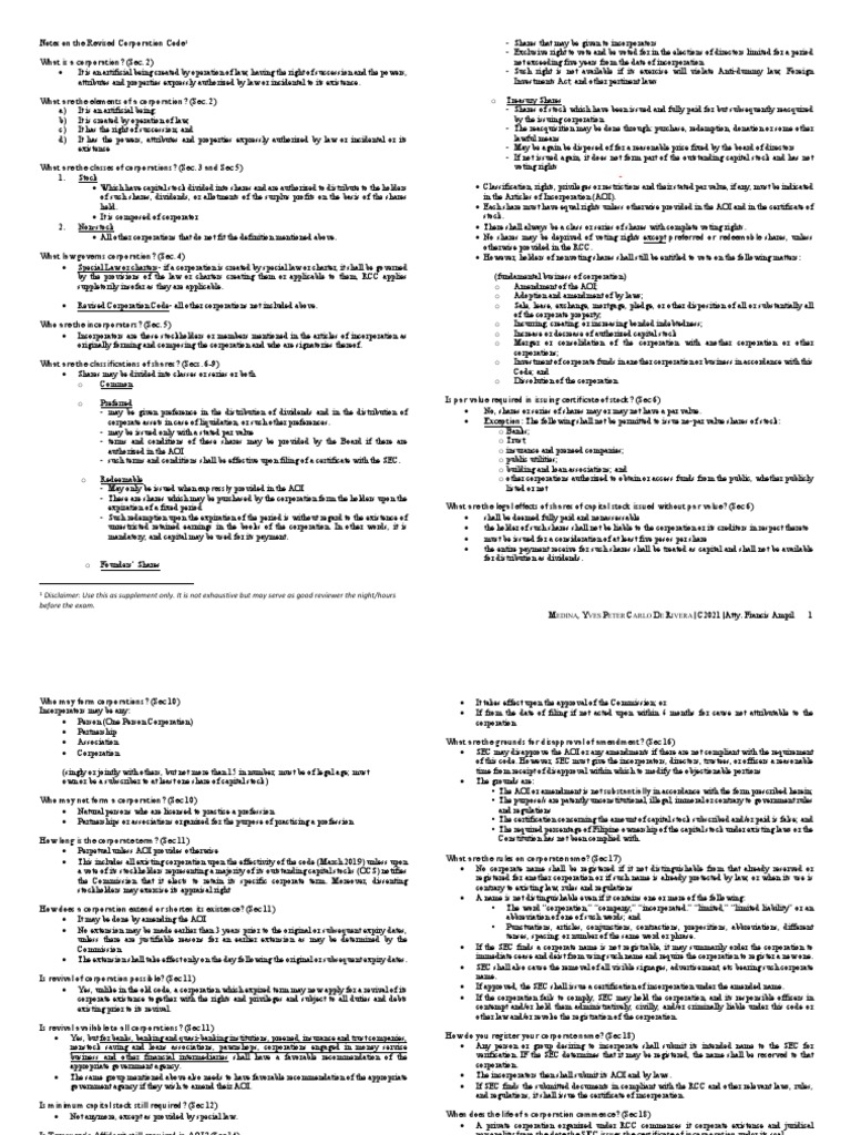 Notes On The Revised Corporation Code | PDF | Corporations | Stocks
