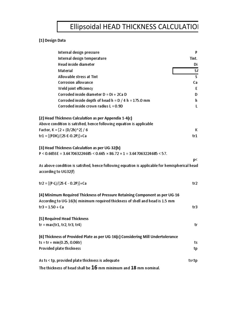 Ellipsoidal HEAD THICKNESS CALCULATION FOR INTERNAL PRESSURE | PDF ...