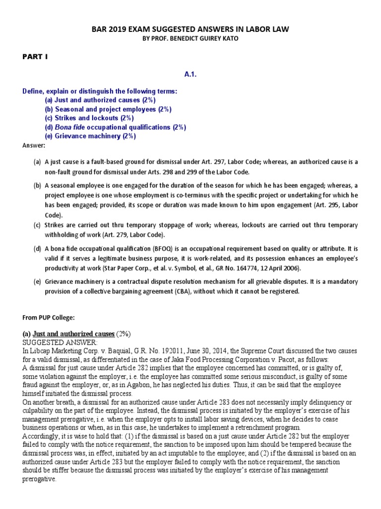 Bar 2019 Exam Suggested Answers in Labor Law: by Prof. Benedict Guirey ...