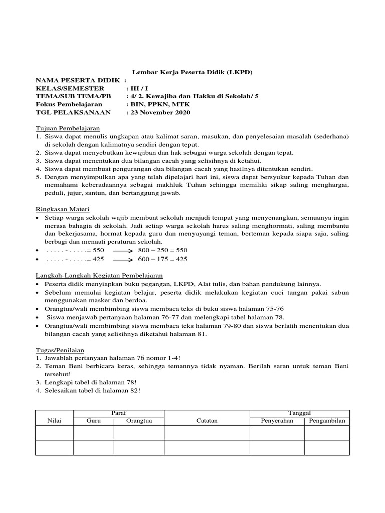Nilai Paraf Catatan Tanggal Guru Orangtua Penyerahan Pengambilan | PDF