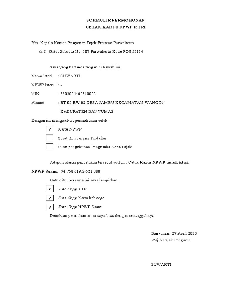 Formulir Permohonan Cetak Ulang NPWP Istri | PDF