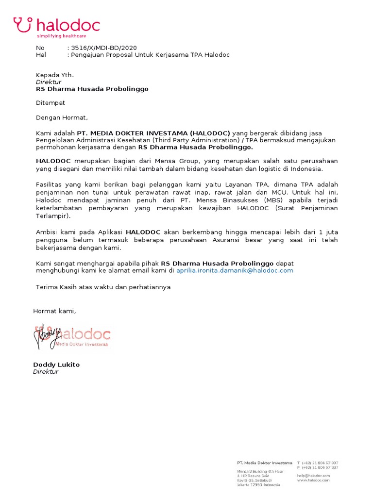 Surat Pengenalan Provider Halodoc - RS Dharma Husada Probolinggo | PDF