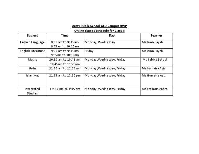 Online Time Table Class 2 | PDF