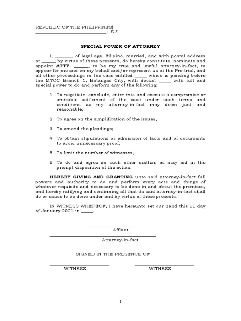 Pre-Trial SPA W/ Acknowledgement | PDF | Power Of Attorney | Witness