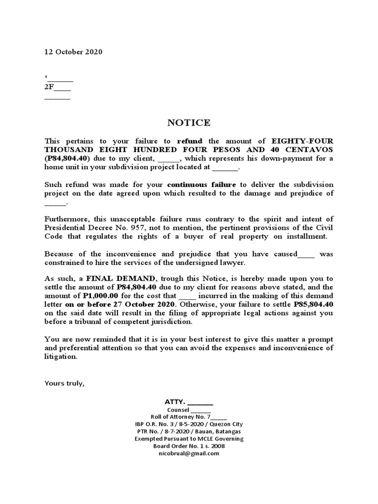 Demand Letter - Against Subdivision Developer | PDF