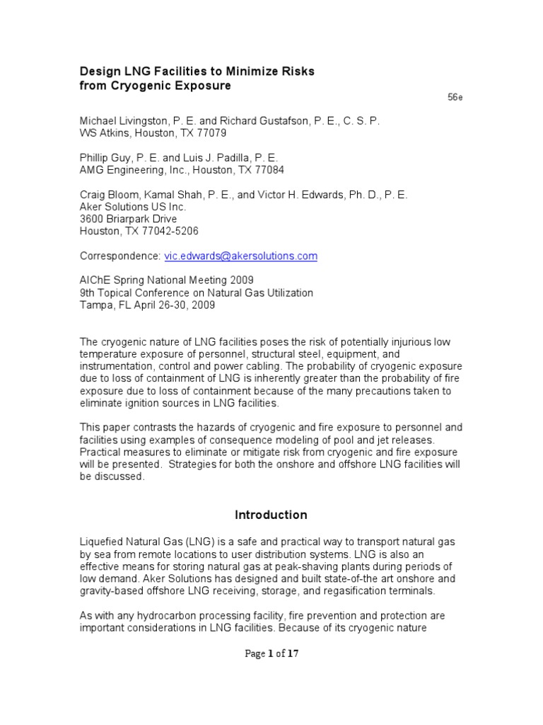 AIChE Design LNG Facilities To Minimize Risks From Cryogenic Exposure ...