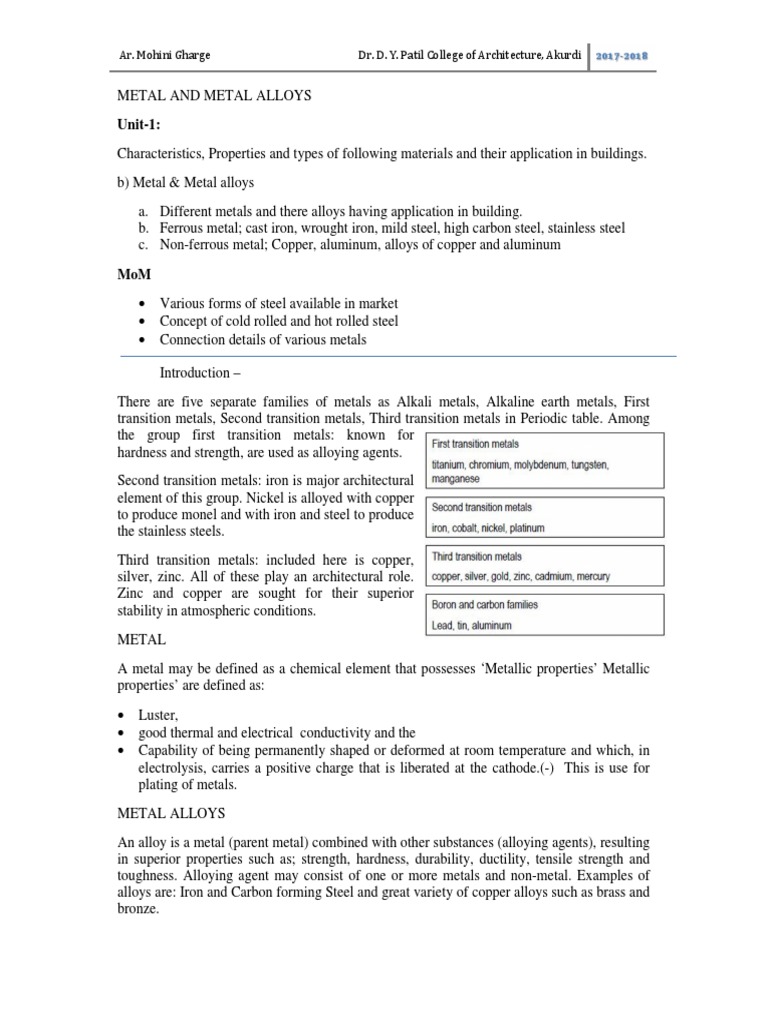Metal and Metal Alloys Notes | PDF | Steel | Metals