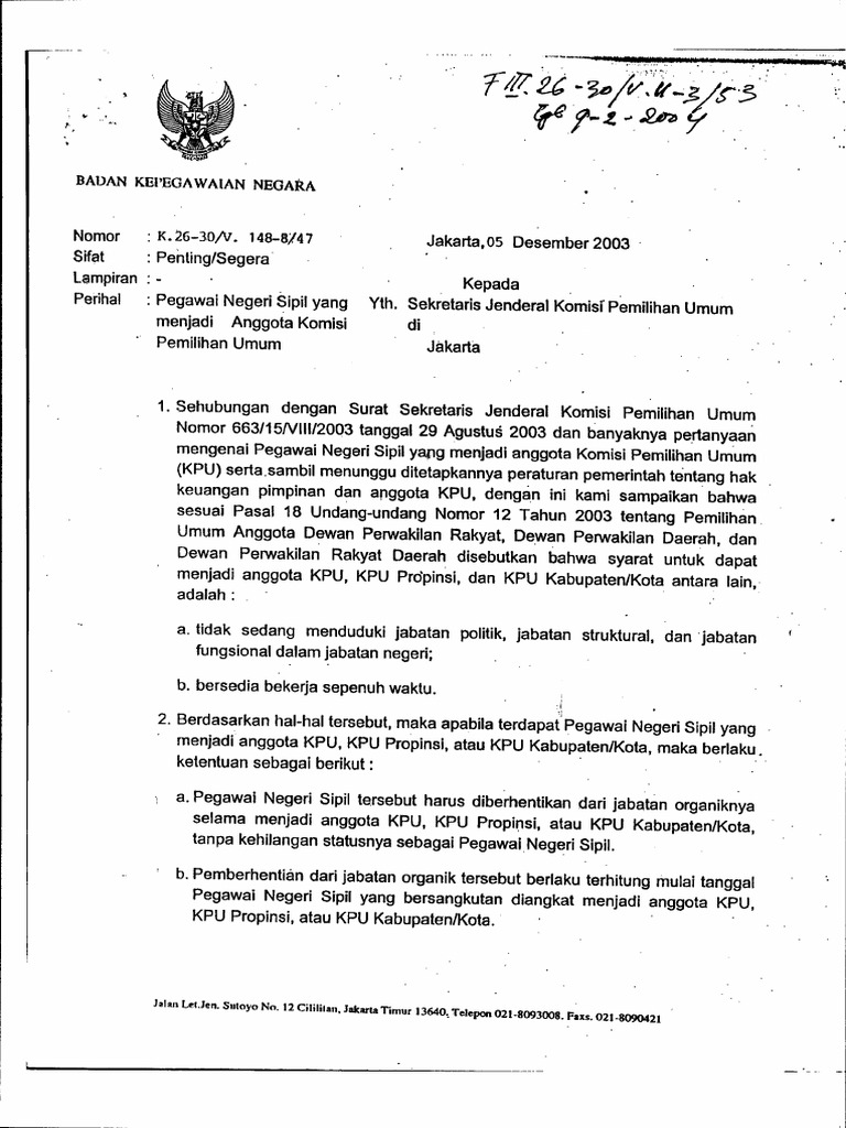Surat Ka BKN Nomor K 26 30 V 148-8 47 - PNS Yang Menjadi Anggota Komisi Pemilihan Umum (Kpu) | PDF