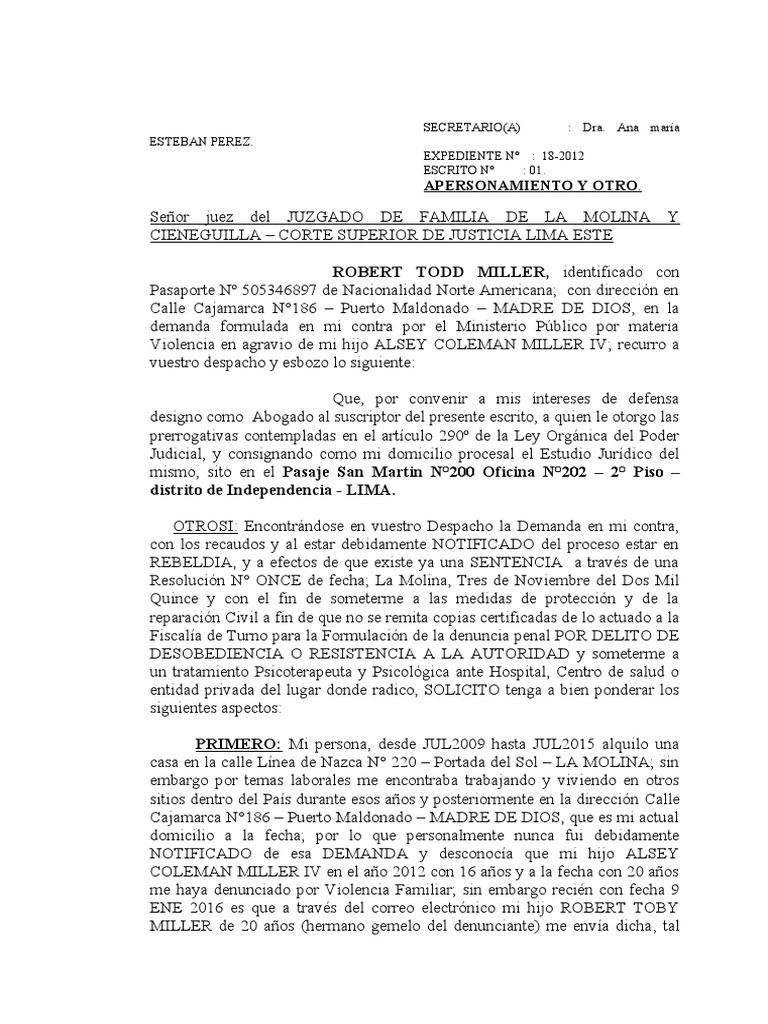 Apersonamiento y Otro de Robert Rodd Miller | PDF | Demanda judicial ...