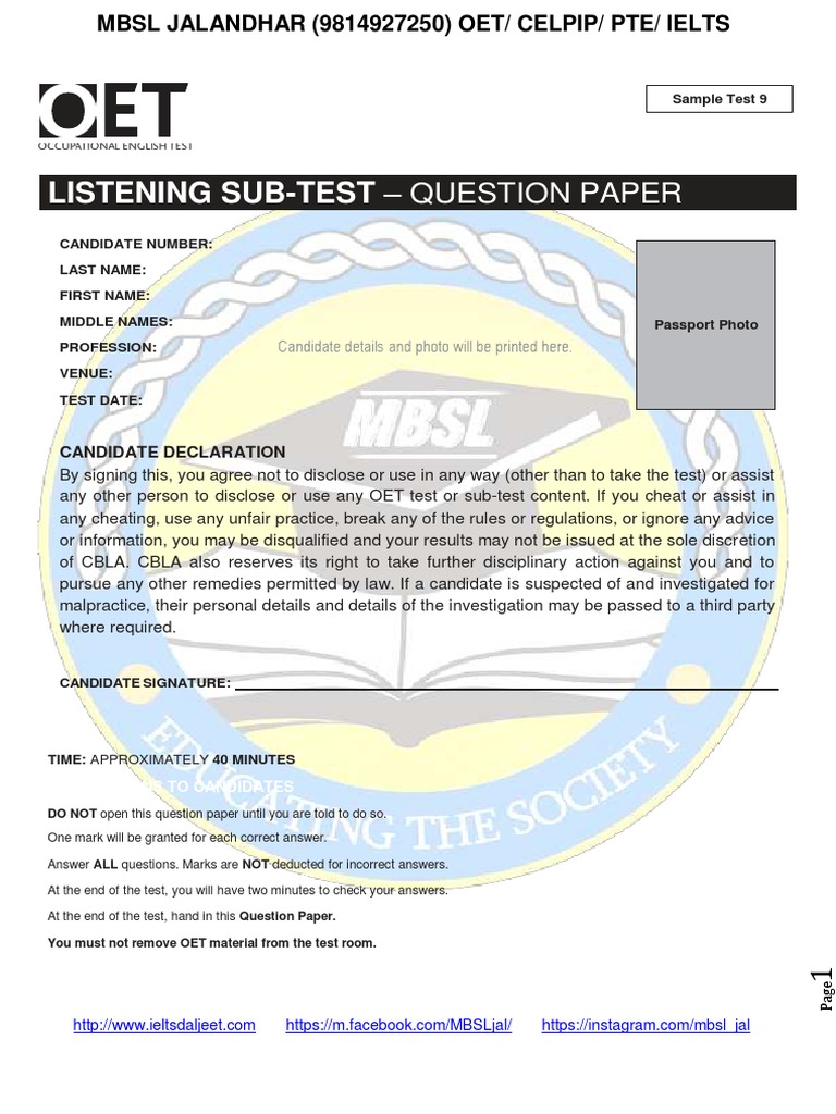 OET Listening Test Sample Paper | PDF | Science & Mathematics