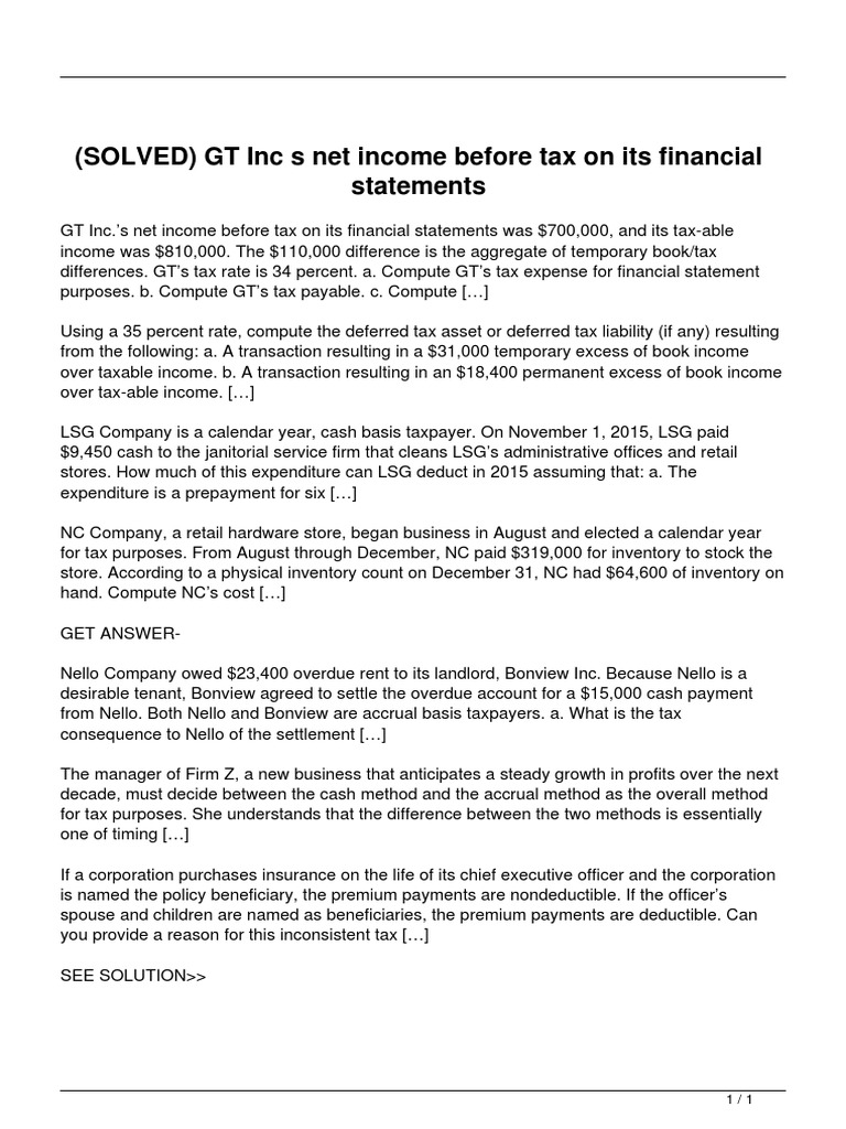 Solved GT Inc S Net Income Before Tax On Its Financial Statements | PDF ...