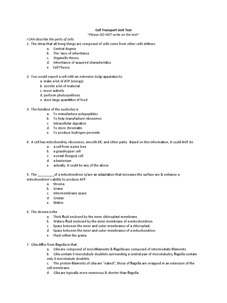 Cell OrganelleTransport TEST | PDF | Osmosis | Cell (Biology)