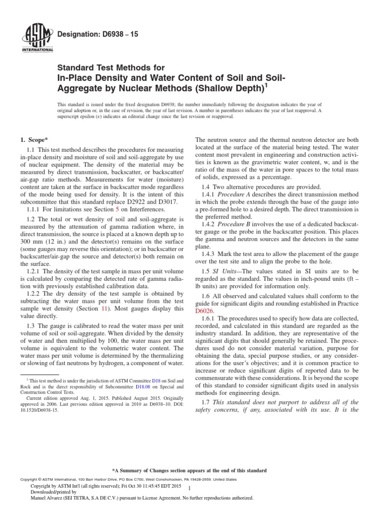 Astm-D6938-15 Densimetro | PDF | Gamma Ray | Density