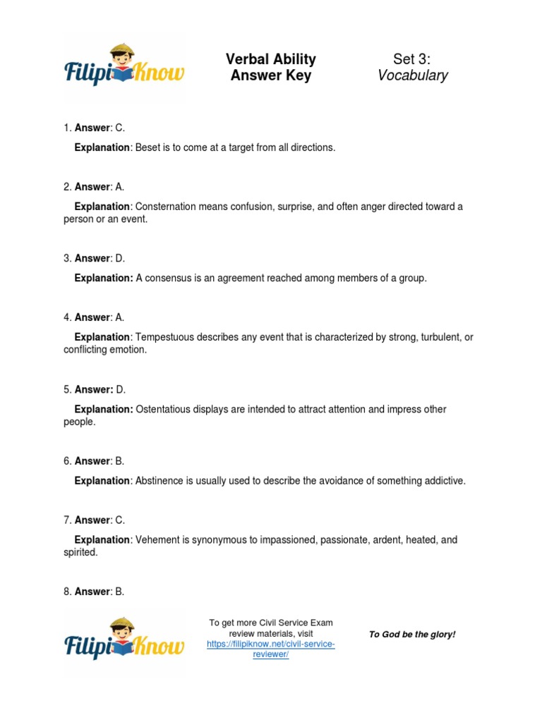 Verbal Ability Answer Key: Vocabulary | PDF | Subjective Experience ...