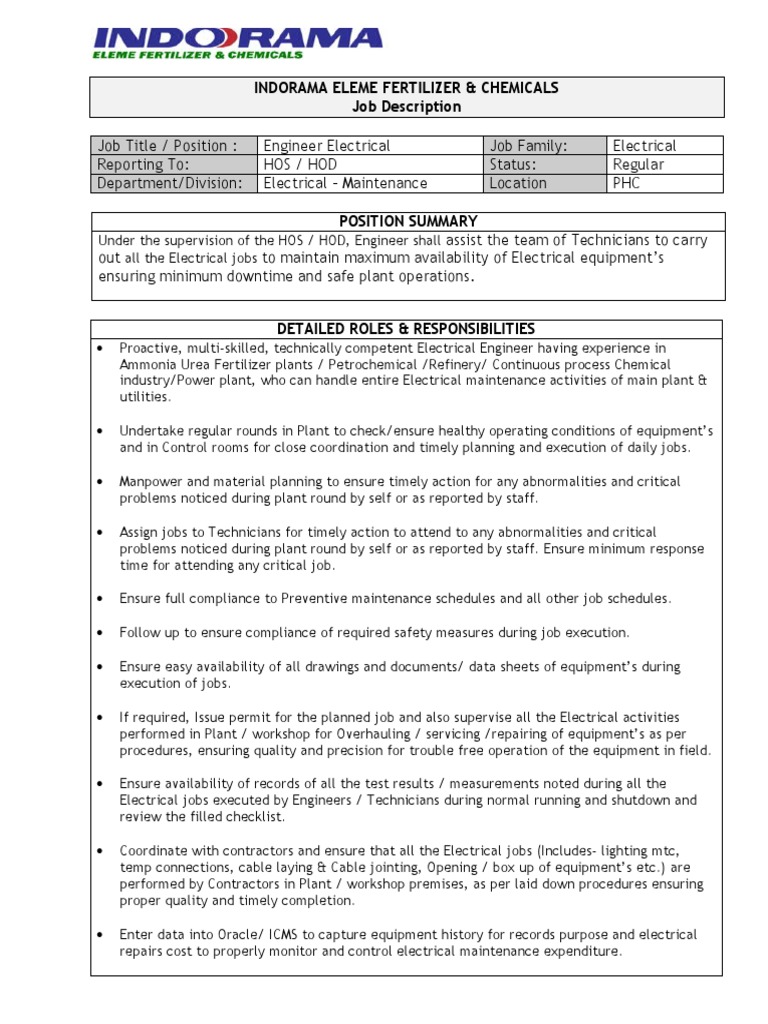 JD For Engineer Electrical | PDF | Electrical Engineering