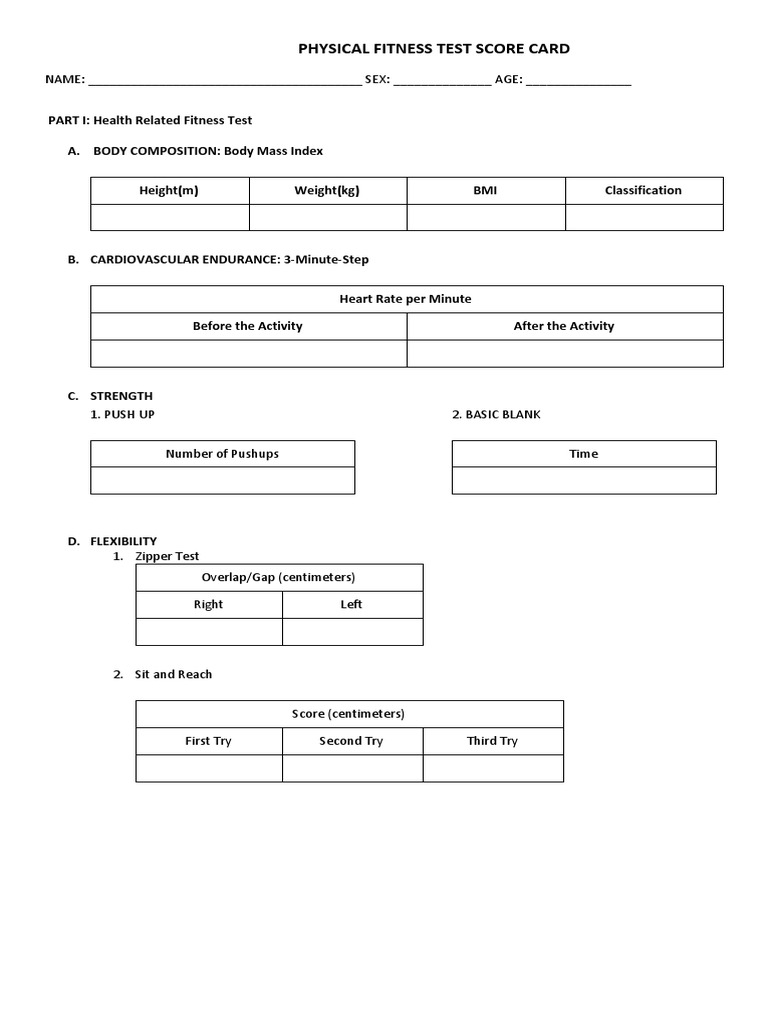 Physical Fitness Test Score Card: A. Body Composition: Body Mass Index ...