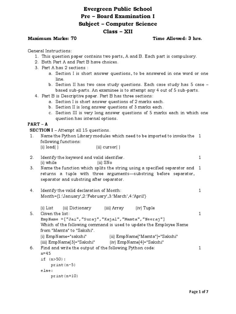 Maximum Marks: 70 Time Allowed: 3 HRS.: Part - A SECTION I - Attempt All 15 Questions | PDF ...