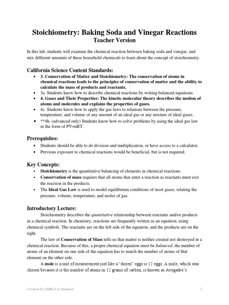 Stoichiometry: Baking Soda and Vinegar Reactions: Teacher Version | PDF ...