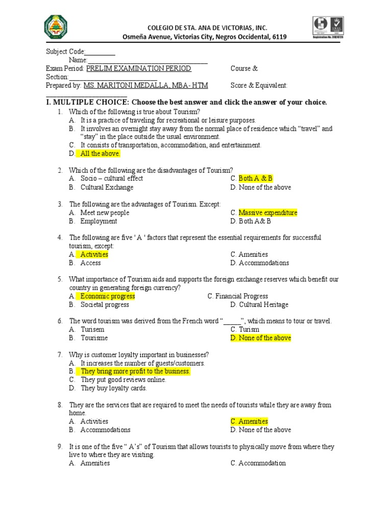 I. MULTIPLE CHOICE: Choose The Best Answer and Click The Answer of Your ...