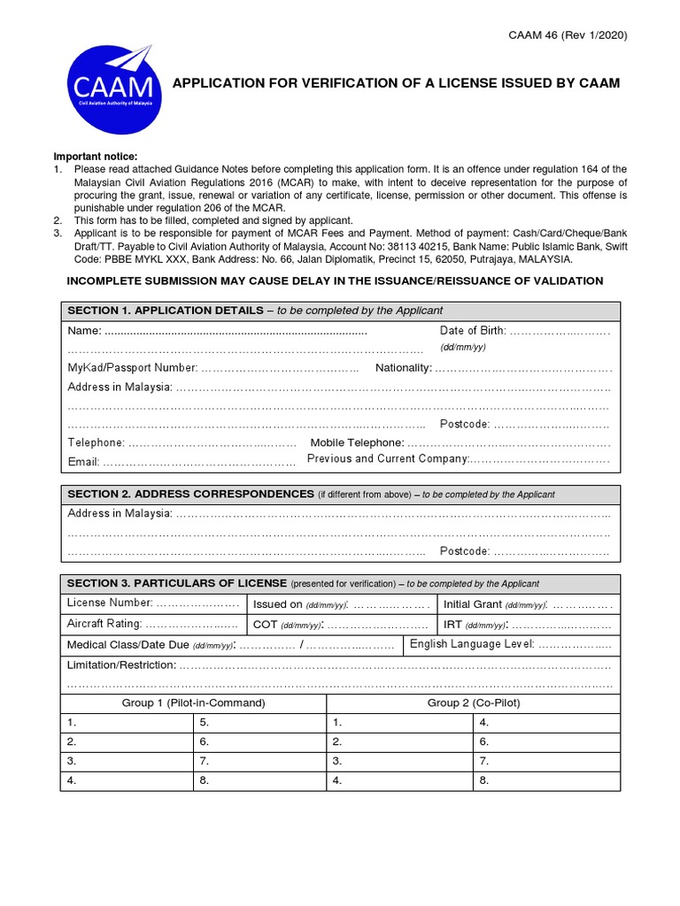 Application For Verification of A License Issued by Caam | PDF ...