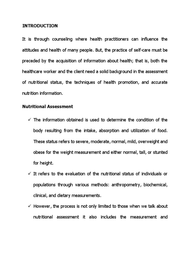 Nutritional Status Assessment Methods | PDF | Body Mass Index | Calorie