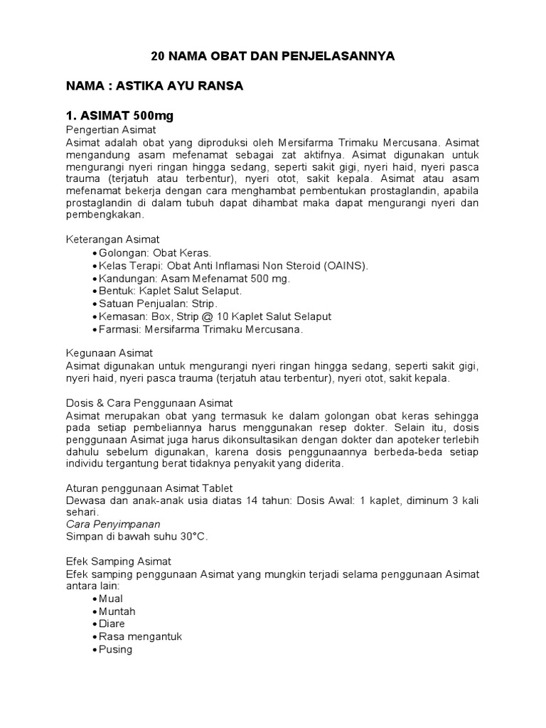 20 Nama Obat Dan Penjelasannya | PDF