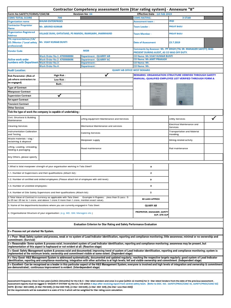 Contractor Competency Assessment Form (Star Rating System) - Annexure ...