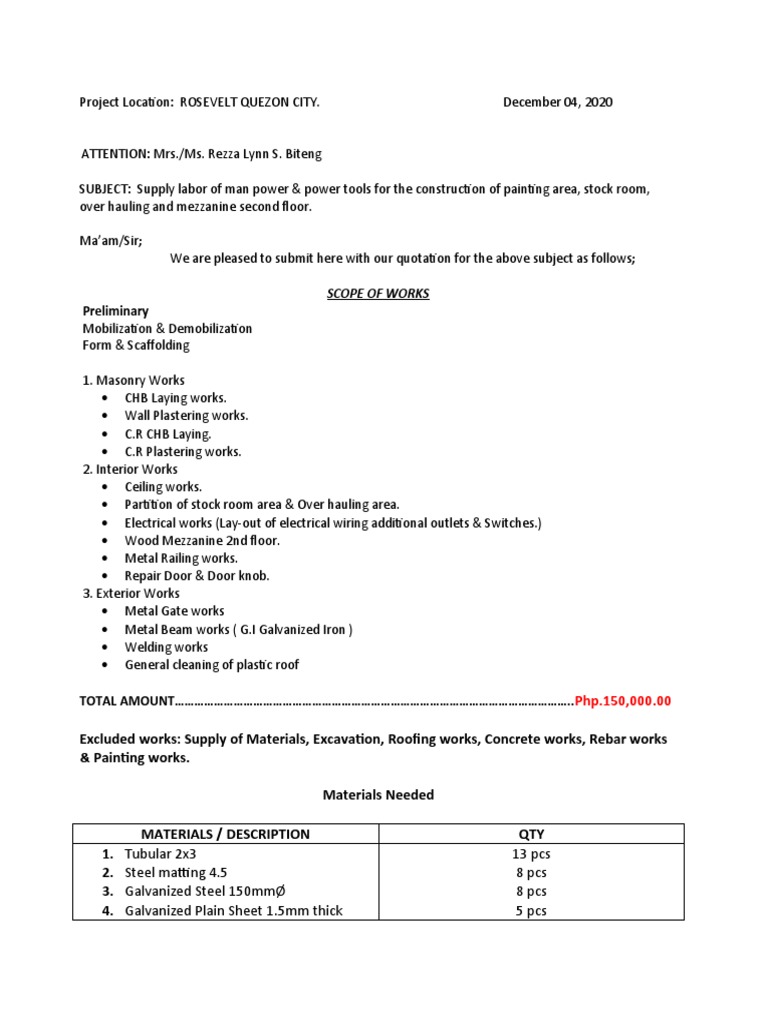 Quotation For Civil Works | PDF | Masonry | Economic Sectors