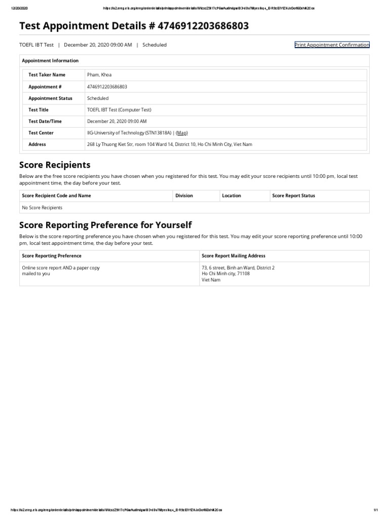 Test Appointment Details # 4746912203686803: Score Recipients | PDF