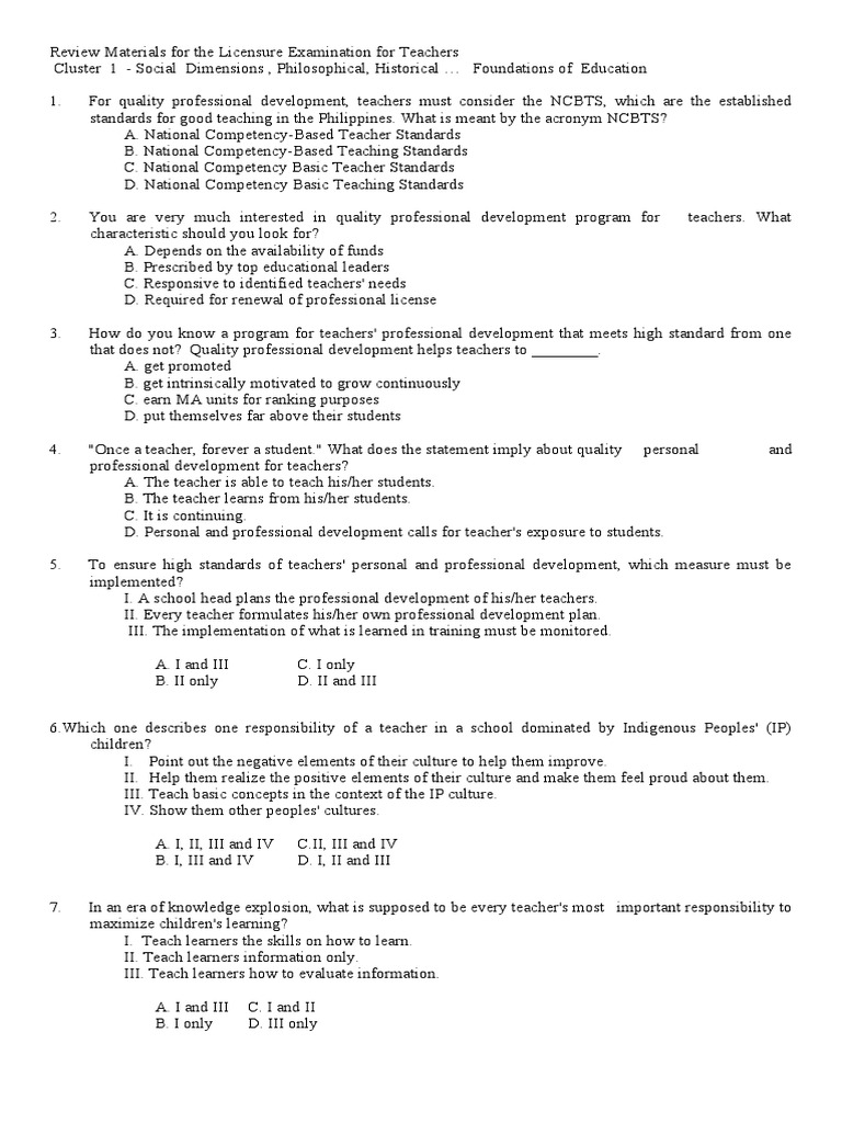 LET Review Exercises Puerto Princesa July 2017 | PDF | Teachers | Learning