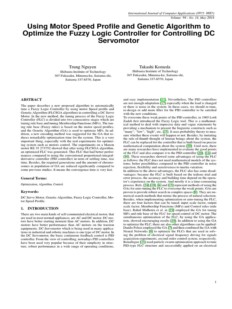Using Motor Speed Profile and Genetic Algorithm To Optimize The Fuzzy Logic Controller For ...